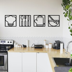 Kitchen Symbols Wood Wall Decor Sign Set, Geometric Chef Hat & Oven ...