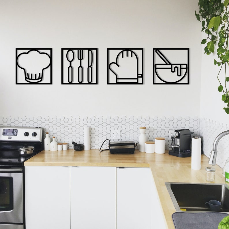 Kitchen Symbols Wood Wall Decor Sign Set Geometric Chef Hat & - Etsy