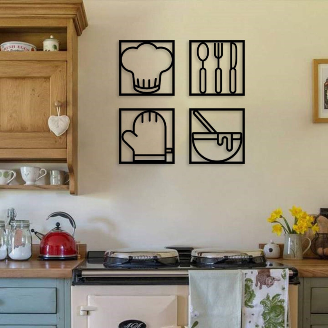 Kitchen Symbols Wood Wall Decor Sign Set Geometric Chef Hat & - Etsy