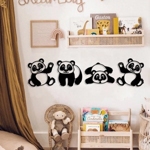 Cute Pandas Wood Wall Art Set, Geometric Nursery Panda Wall Decor Sign ...