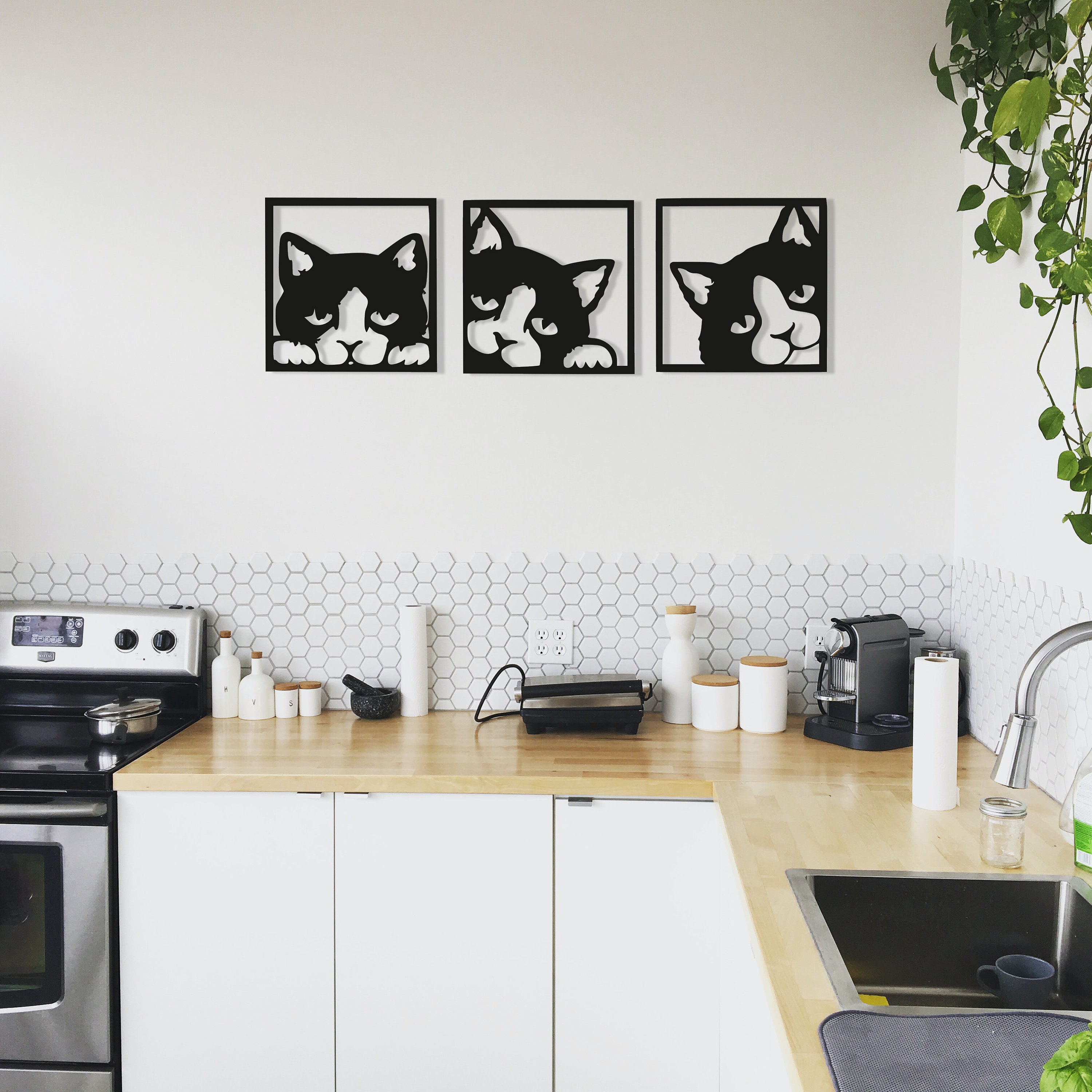 Framed Cats Wood Wall Art Set Wall Decor Geometric Cute Cat | Etsy