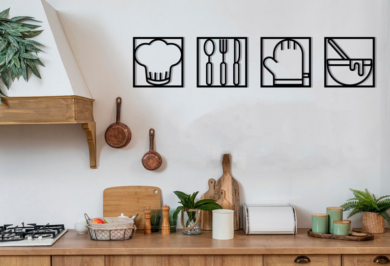 Kitchen Symbols Wood Wall Decor Sign Set Geometric Chef Hat & - Etsy