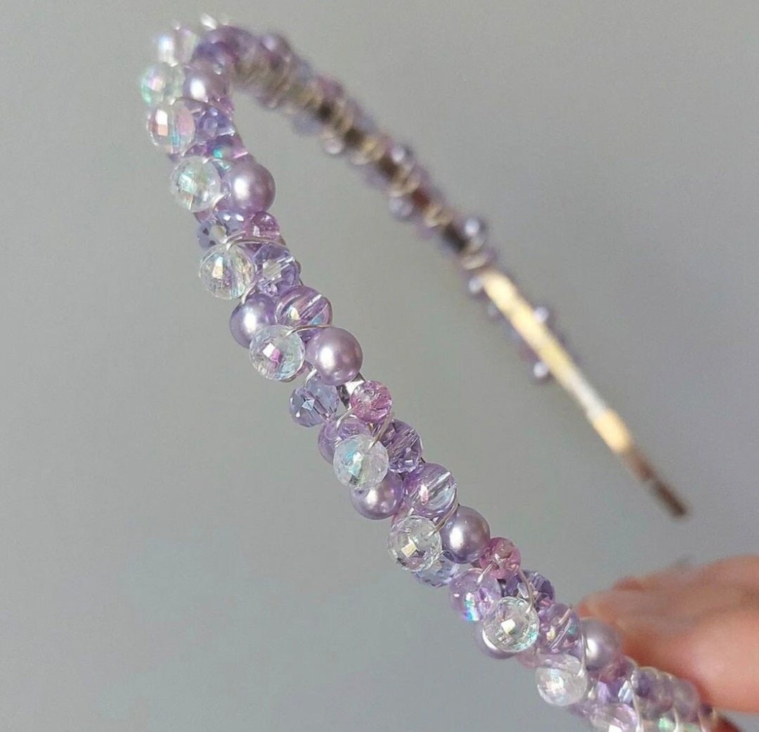 Lilac Crystal Glass Stacked Beaded Headband, Hair Accessory, Beaded ...