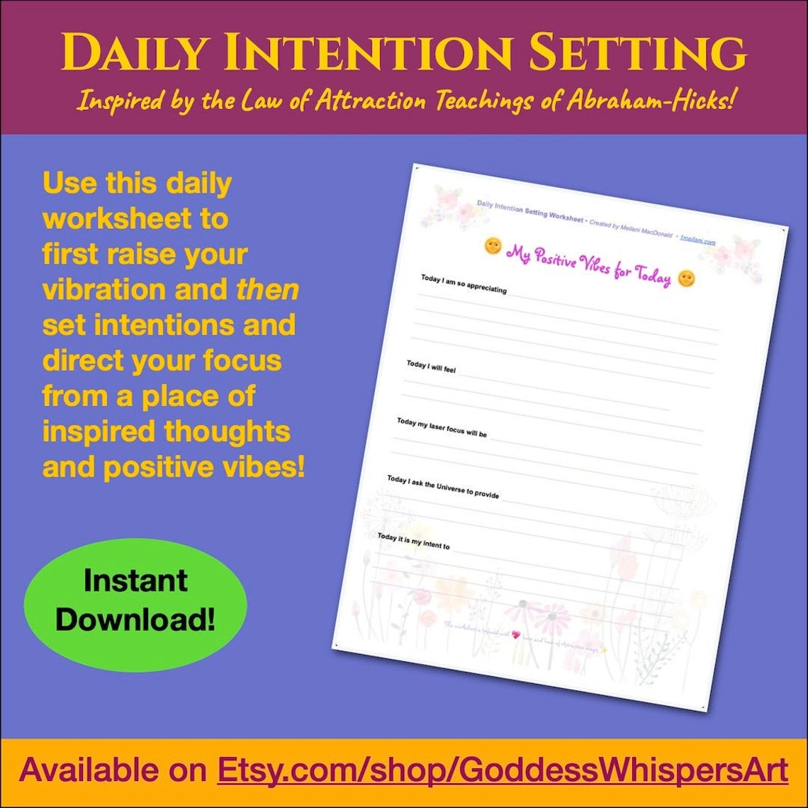 Daily Intention Setting - Positive Vibes Worksheet Inspired by the Law ...