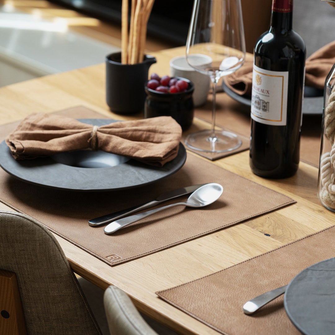Tobacco Beige Genuine Leather Rectangular Placemats • Personalized ...