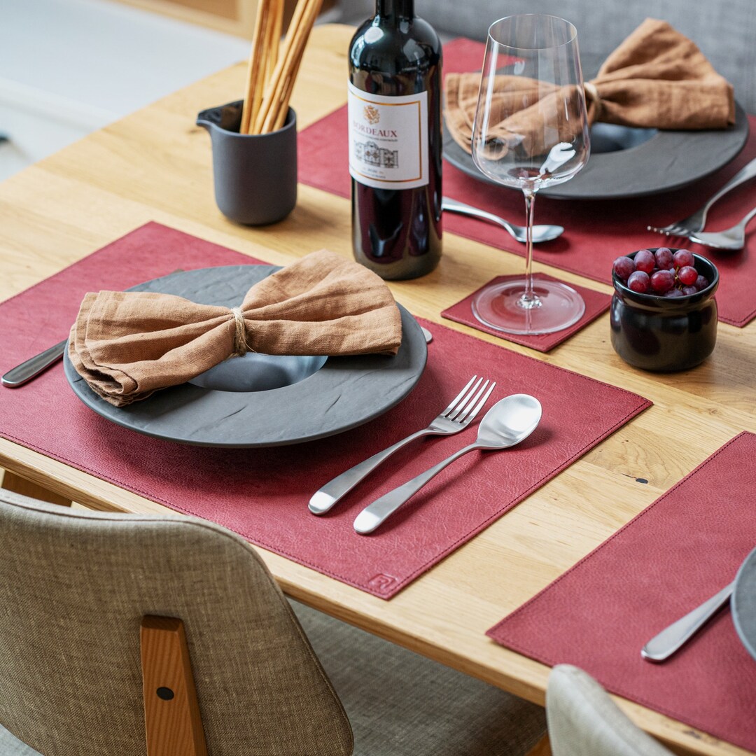 Cherry Red Genuine Leather Rectangular Placemats • Personalized ...