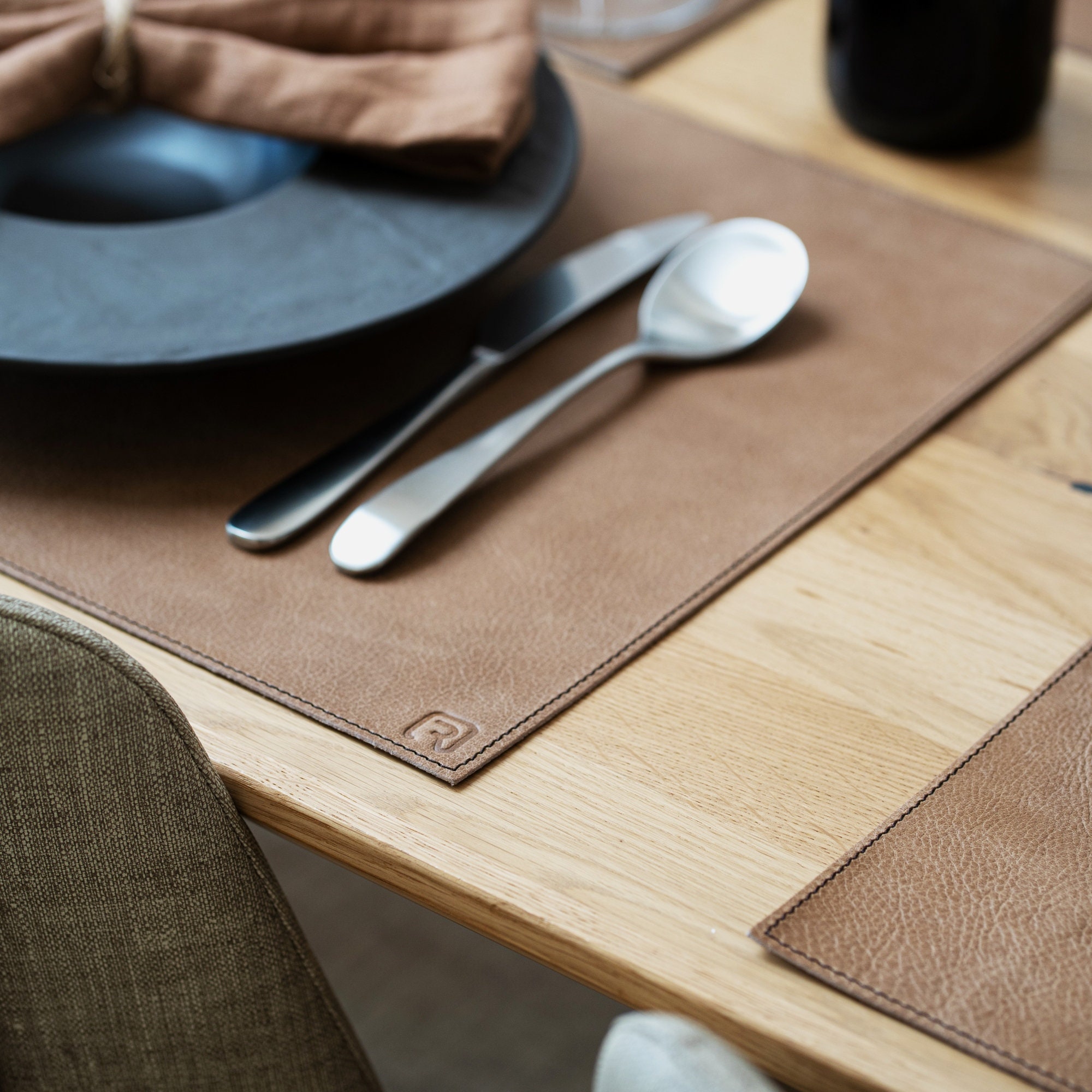 Tobacco Beige Genuine Leather Rectangular Placemats • Personalized ...
