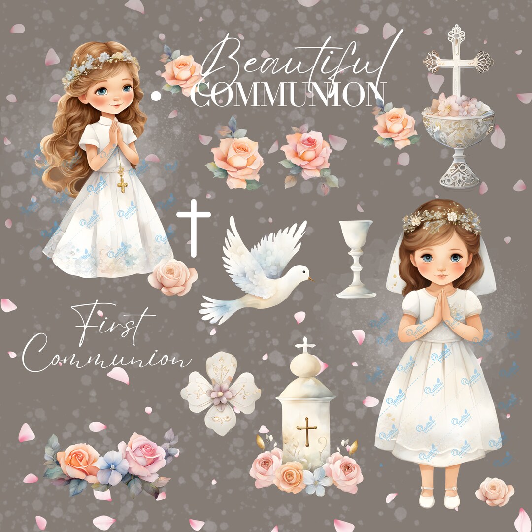 First Communion Girls and Accessories Set, Downloadable Clipart, Stamp ...