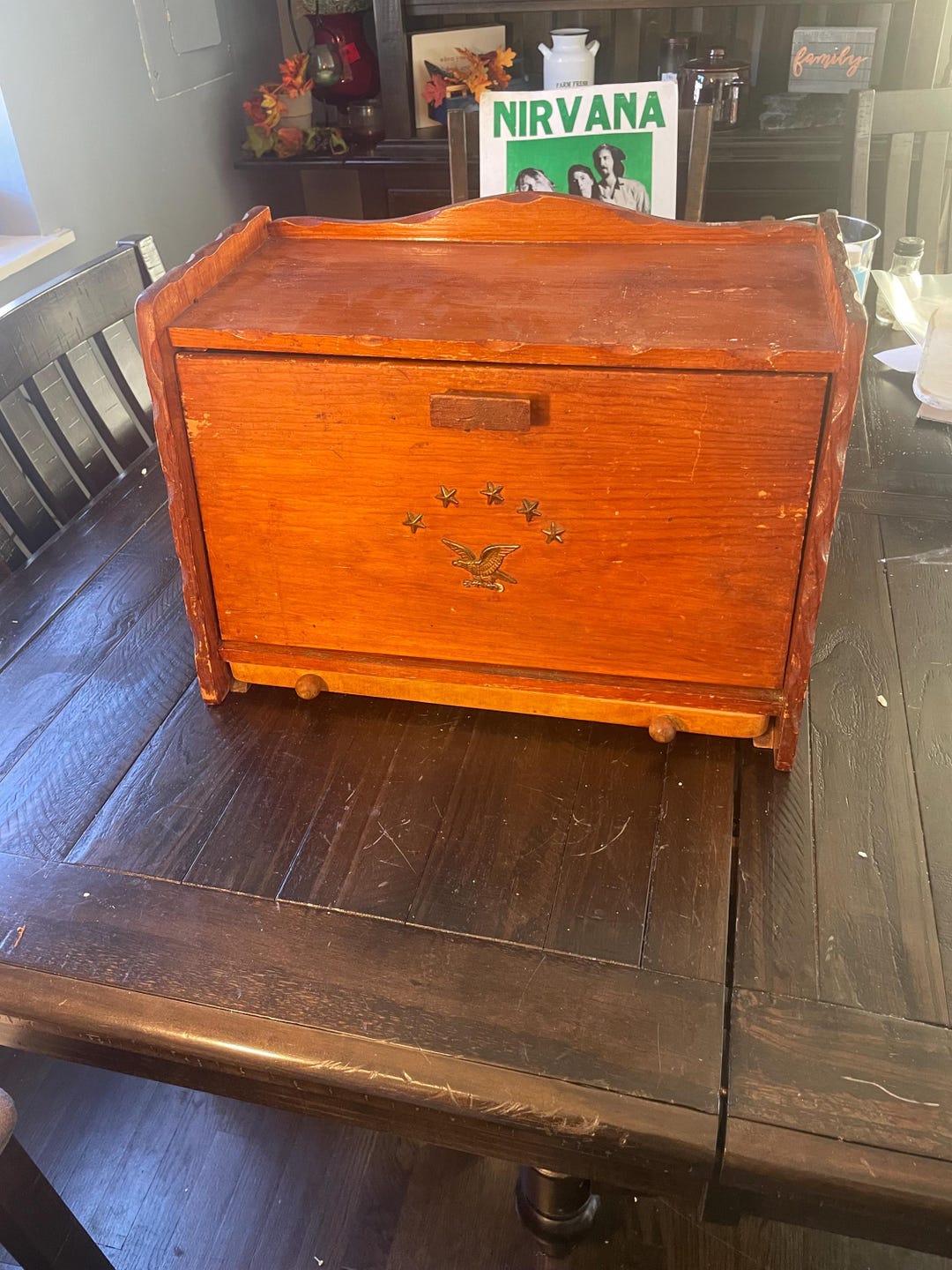 Large Wooden Bread Box With Metal Eagle and Stars Vintage Bread Box ...