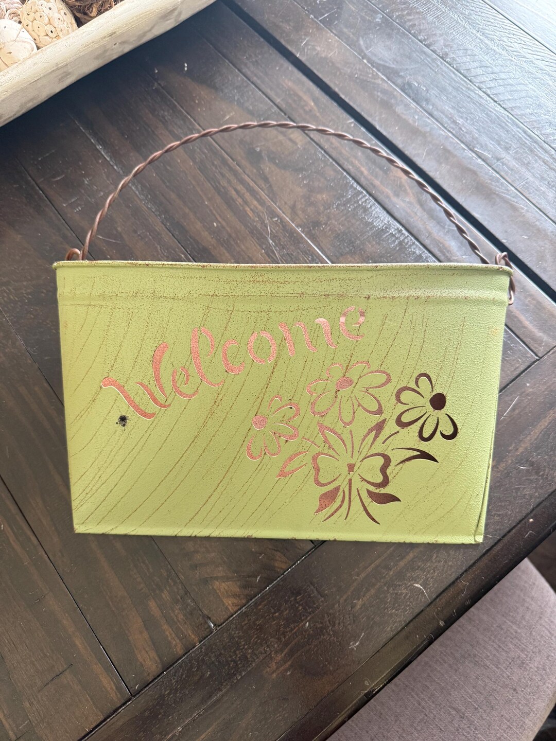 Rustic Metal Wall Pocket With “welcome” Cutout – Green Floral Hanging ...