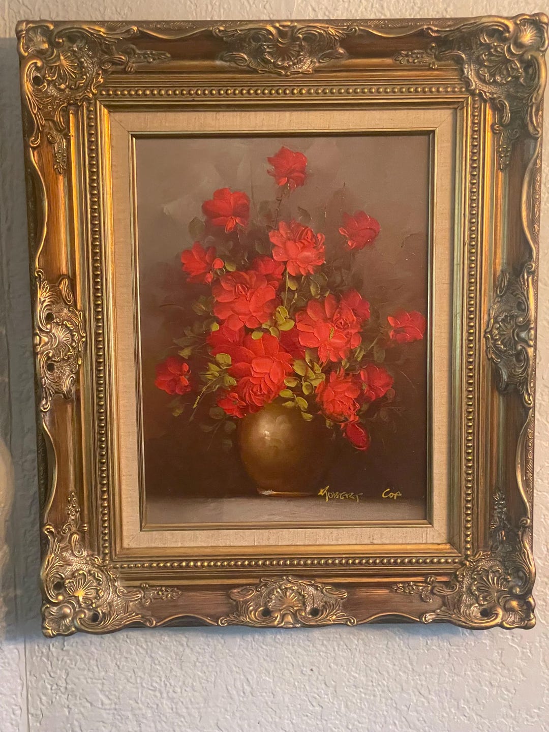 Robert Cox Oil Painting Still Life Red Flowers Gold Vase 12 X 15 Framed ...