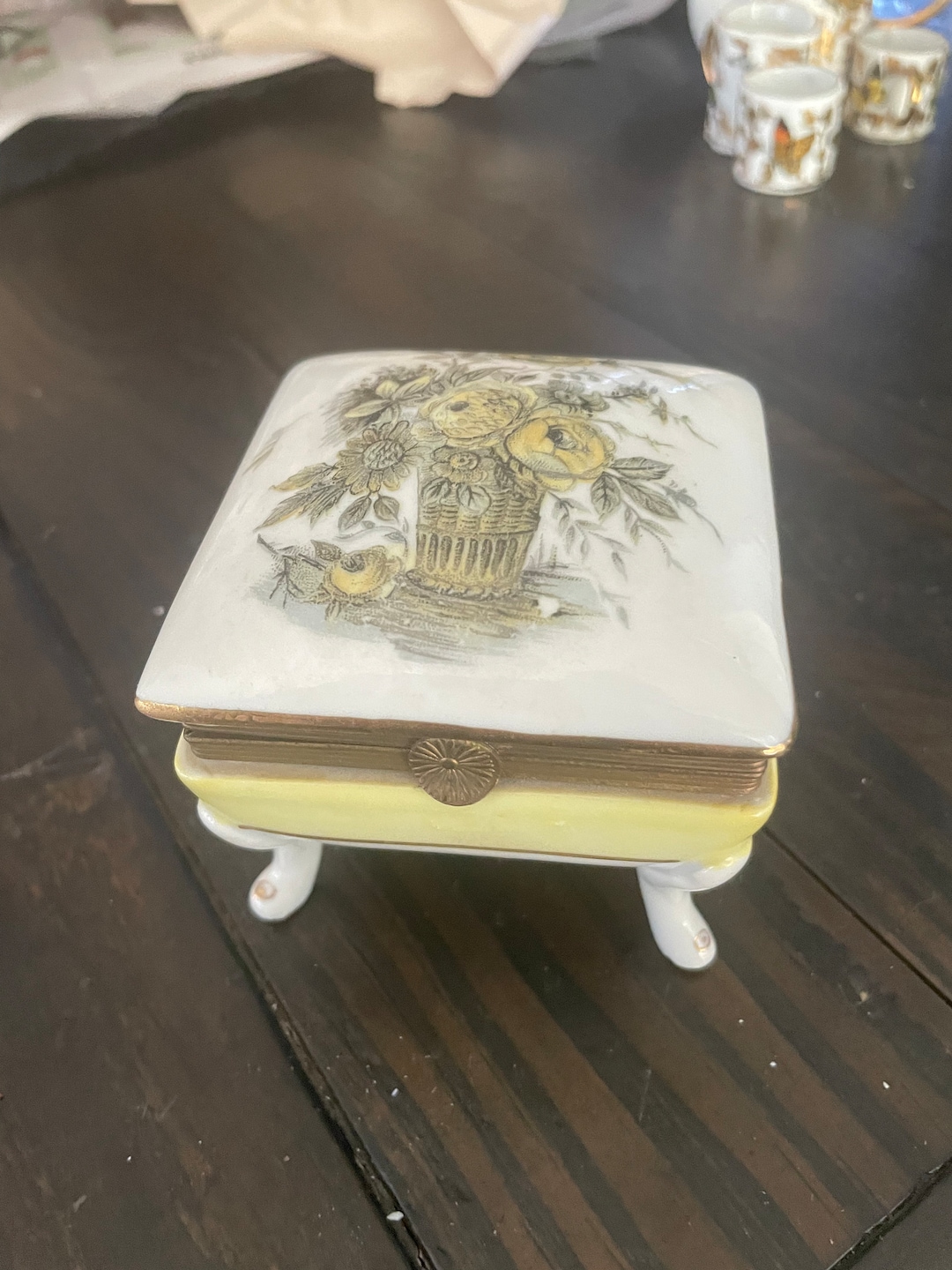 Vintage Porcelain Hinged Trinket Box Marked Victorian Style Nice Yellow ...