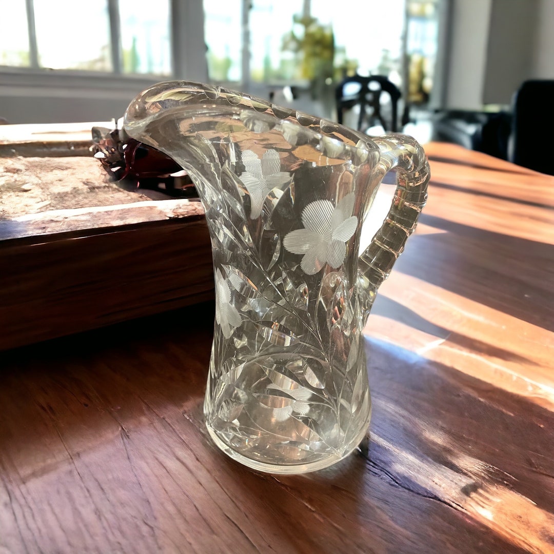 Vintage Etched Tanker Pitcher Heavy Cut Glass Pitcher 9 Tall 8 Wide ...