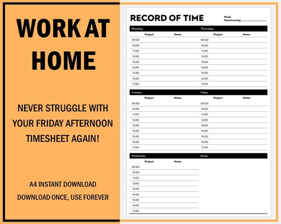 Record of Time Timesheets Instant Download Working at Home | Etsy