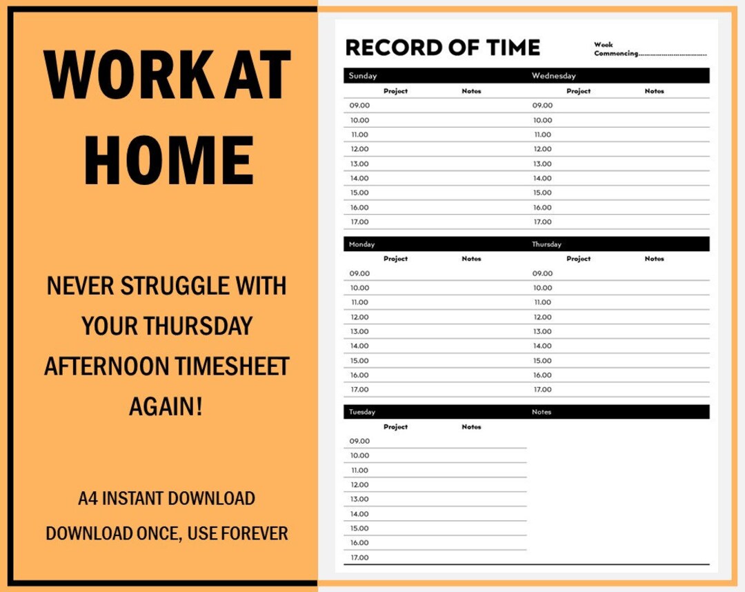Record of Time, Sunday to Thursday, Timesheets, Instant Download ...