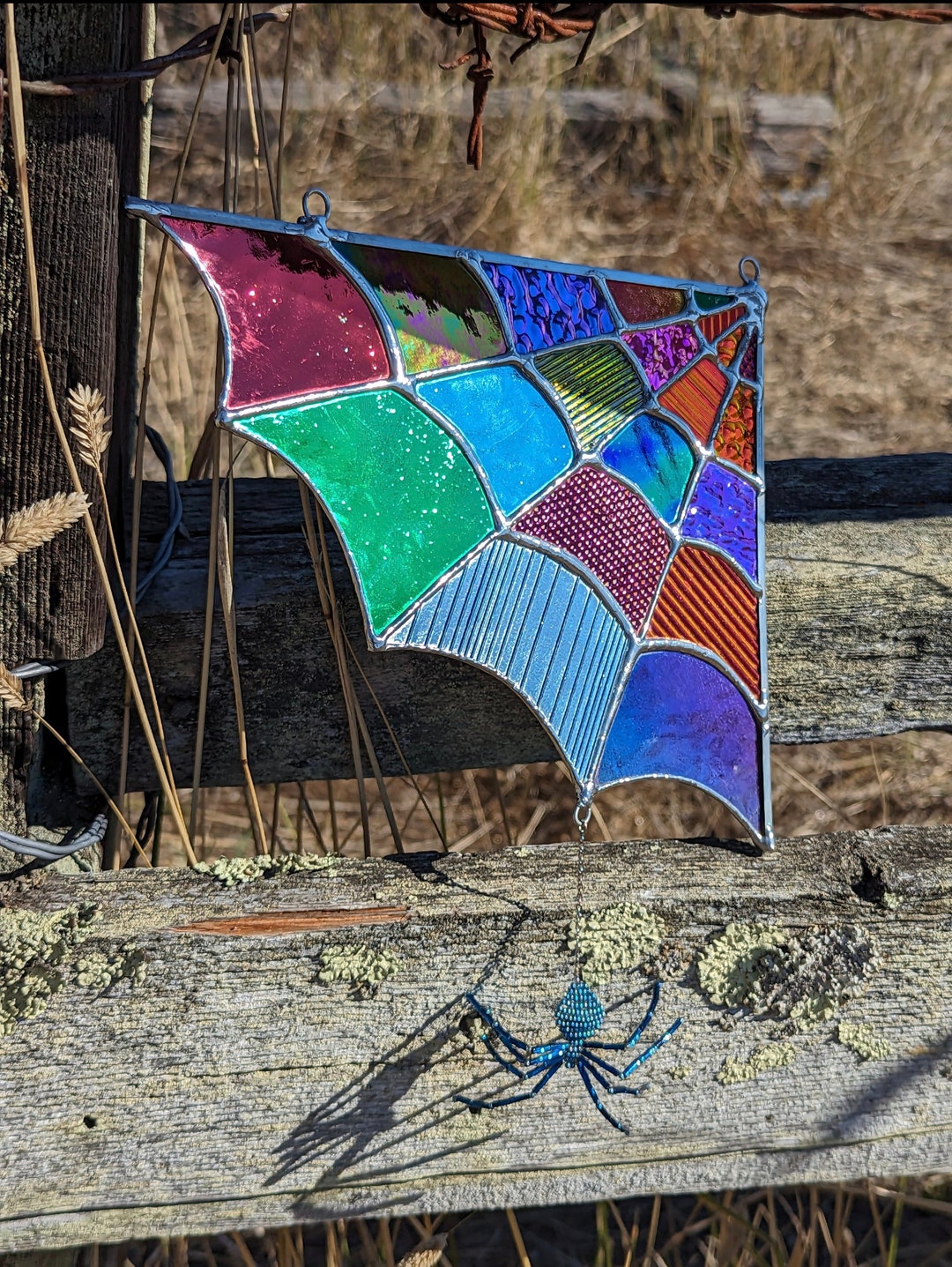 Colorful Iridescent Stained Glass Corner Spider Web With Sparkly ...