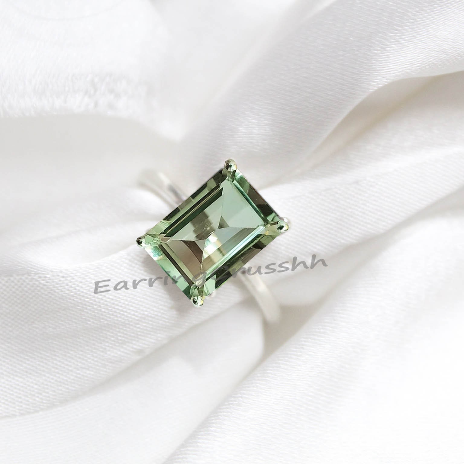 Natural Green Amethyst Cocktail Ring Emerald Cut Prasiolite Solitaire Ring Engagement Ring 925 Sterling Silver Everyday Gift for Her Mom