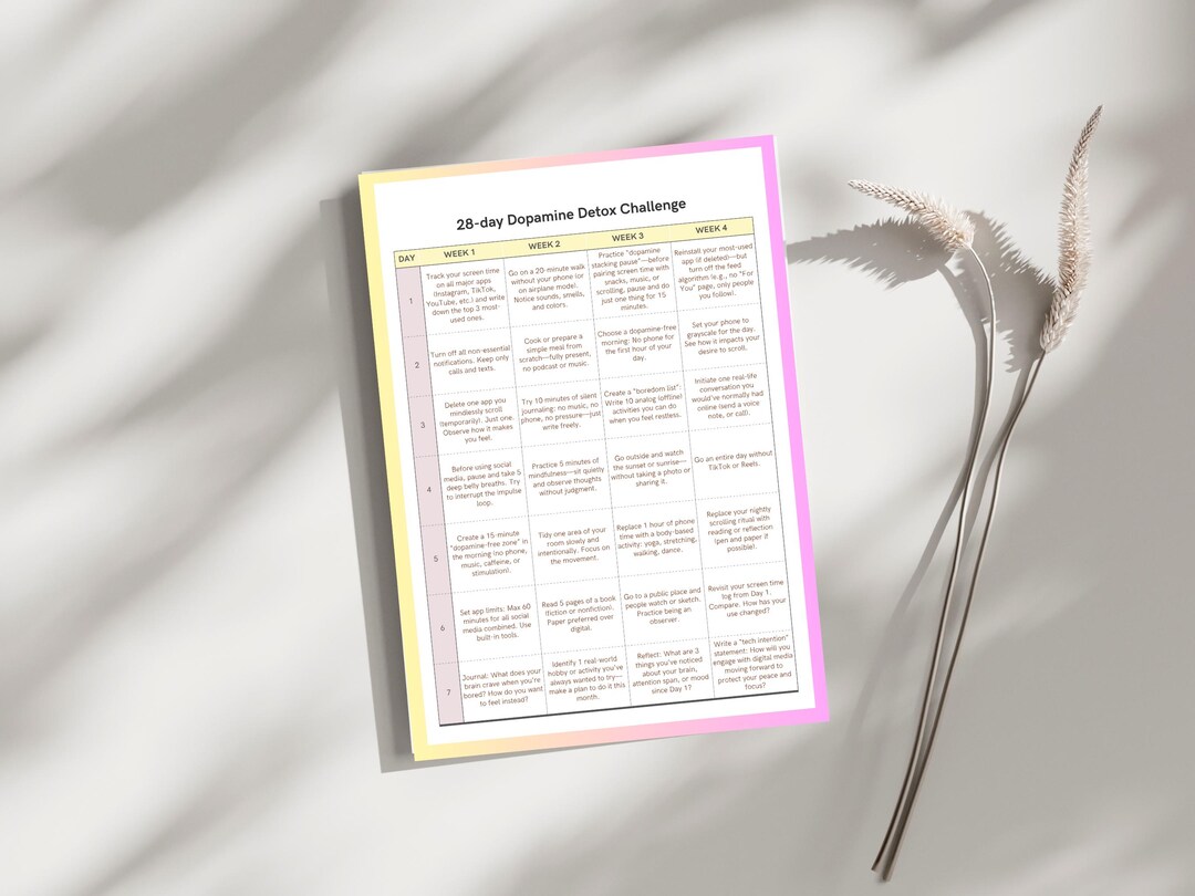 28 Day Dopamine Detox Challenge for Adults Printable PDF Digital ...