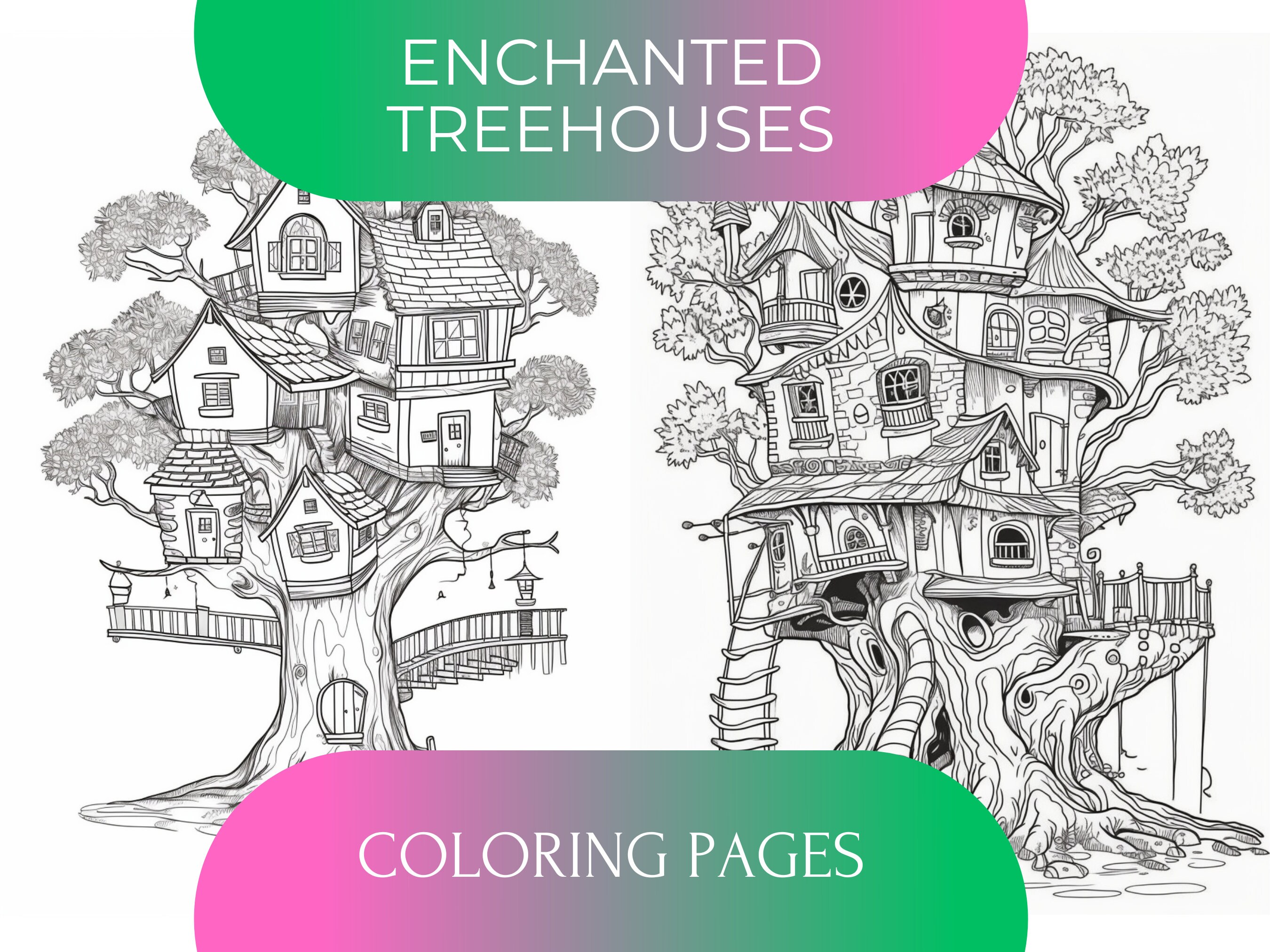 100 Enchanted Treehouse Coloring Pages Tree House for Adults and Kids ...