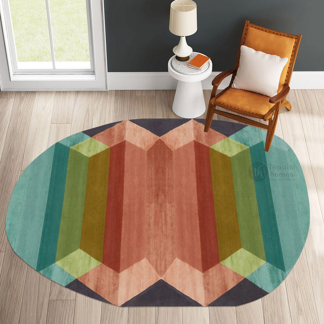 Rainbow Tufted Rug Oval Wool, Silk Carpet 5x7, 5x8, 6x8, 6x9 Living ...