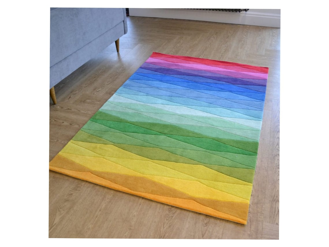 Hand Tufted Rugs Wool 9x12 Rugs Rainbow Wave Colour Block - Etsy