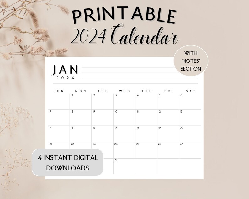 Printable Minimalist 2024 Calendar Monthly Planner A4, Letter Landscape ...