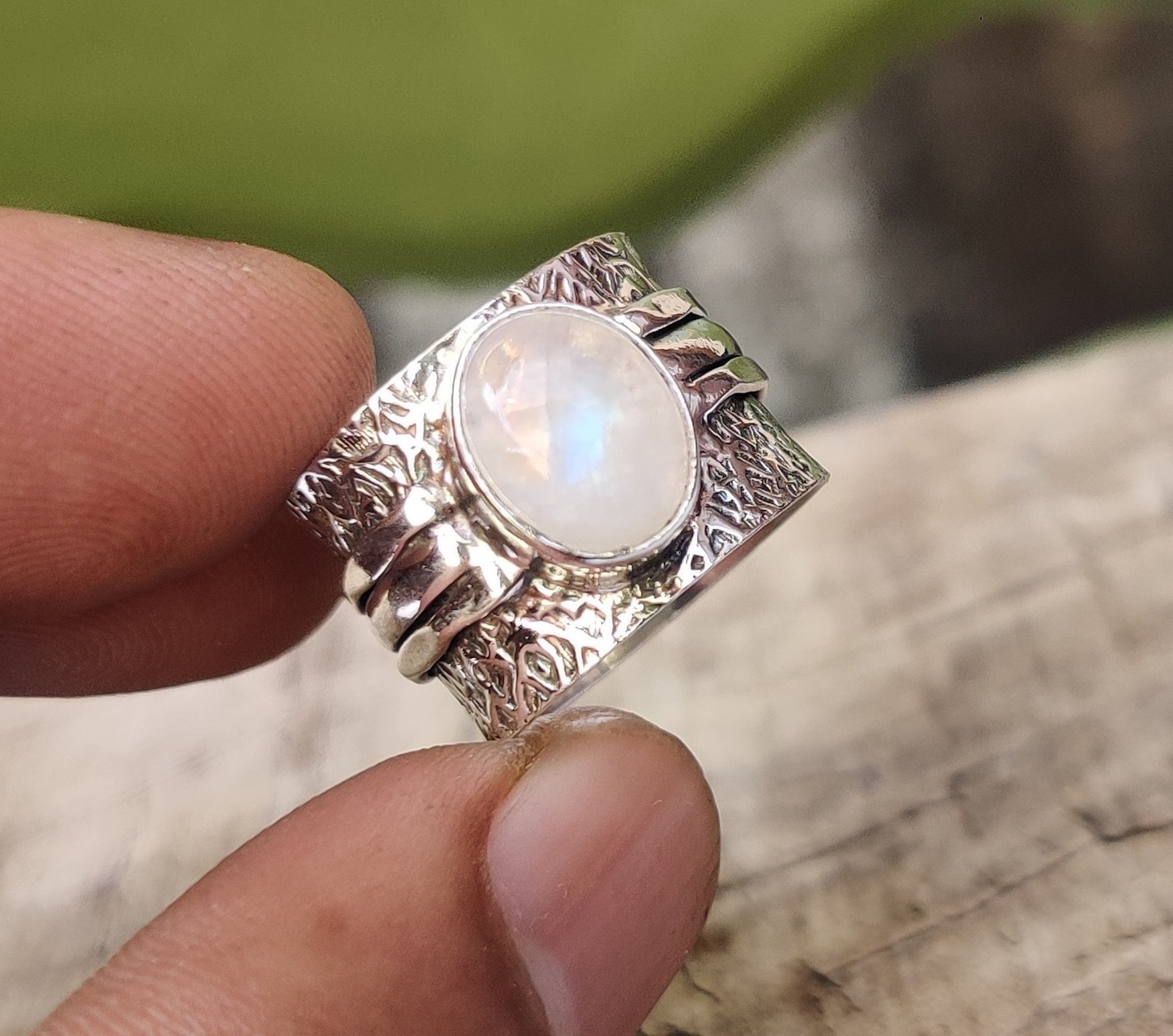Moonstone Ring Band Ring 925 Sterling Silver Hammered Wide - Etsy