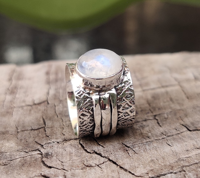 Moonstone Ring Band Ring 925 Sterling Silver Hammered Wide - Etsy