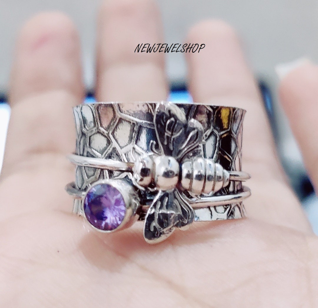 Bee Handmade Spinner Ring With Beautiful Amethyst Ring, 925 Sterling ...
