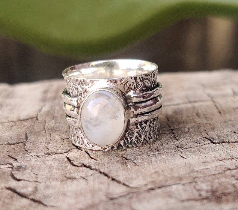 Moonstone Ring Band Ring 925 Sterling Silver Hammered Wide - Etsy