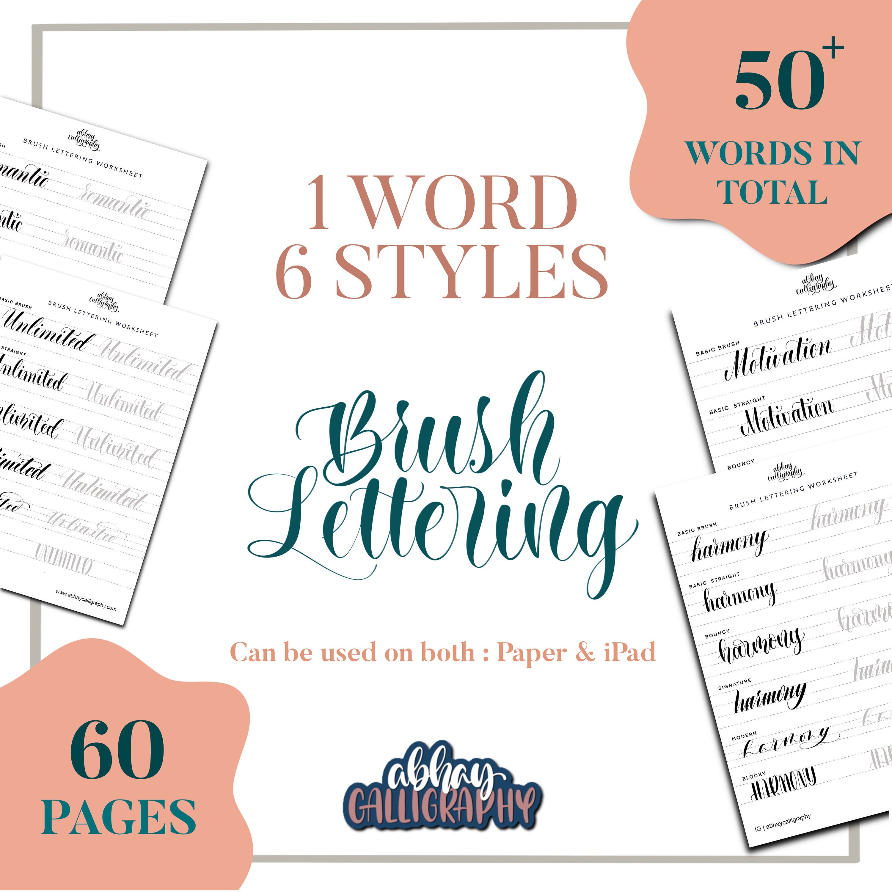 1 Word 6 Styles Brush Lettering Workbook Words Practice Book for Paper ...