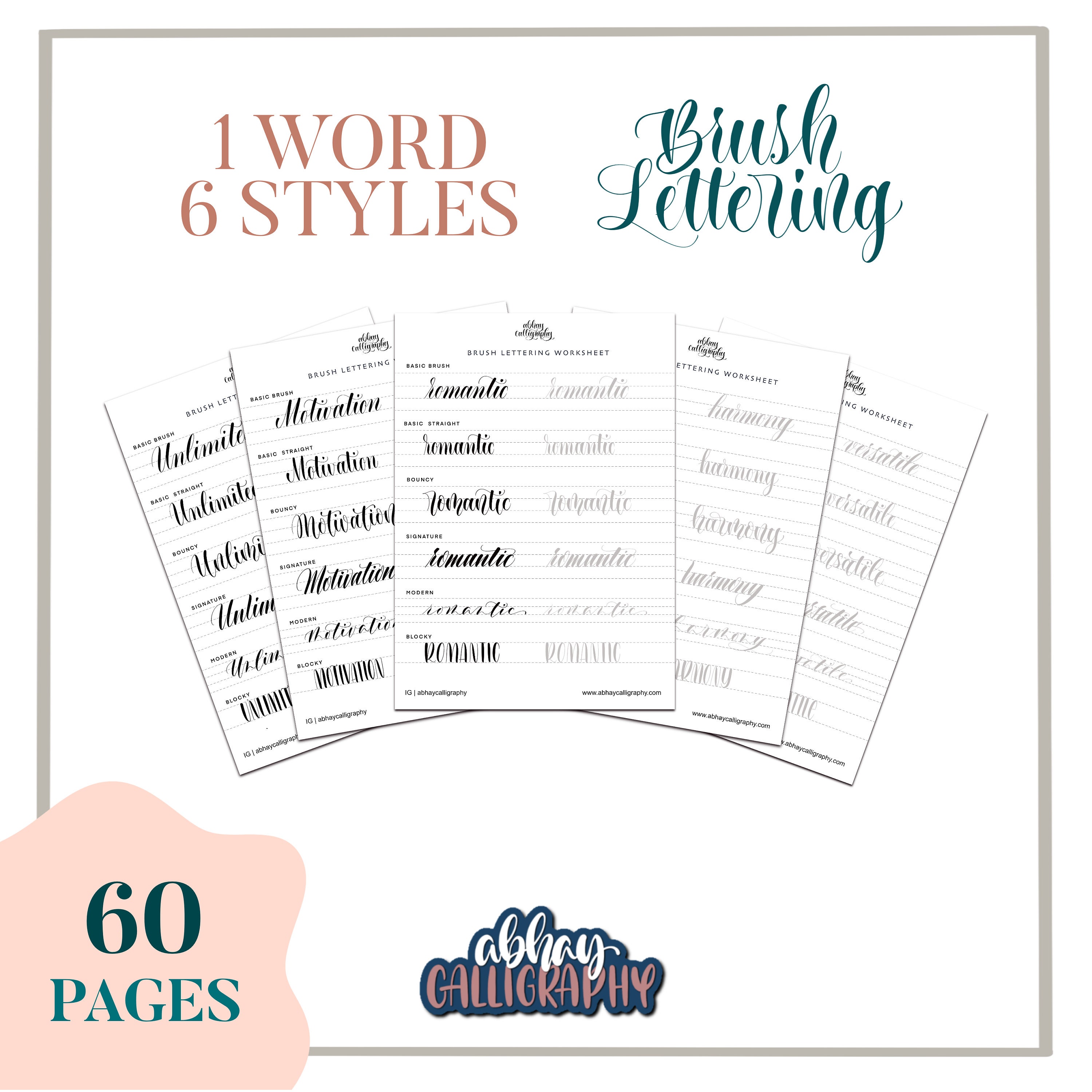 1 Word 6 Styles Brush Lettering Workbook Words Practice Book for Paper ...