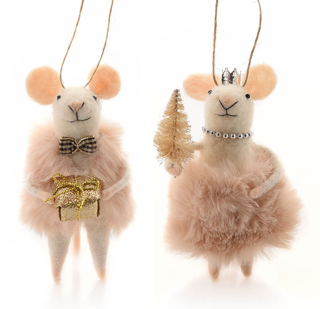 TWO Felt Mouse Tree Decorations, Both Dressed in Pink Faux Fur, One ...