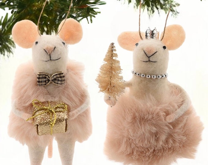 TWO Felt Mouse Tree Decorations, Both Dressed in Pink Faux Fur, One ...