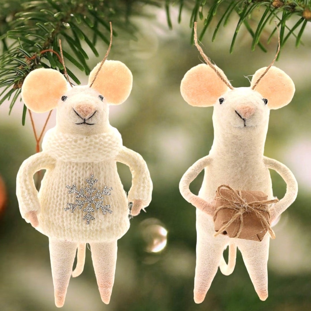 TWO Felt Mice Hanging Christmas Tree Decorations, One Wearing a Silver ...