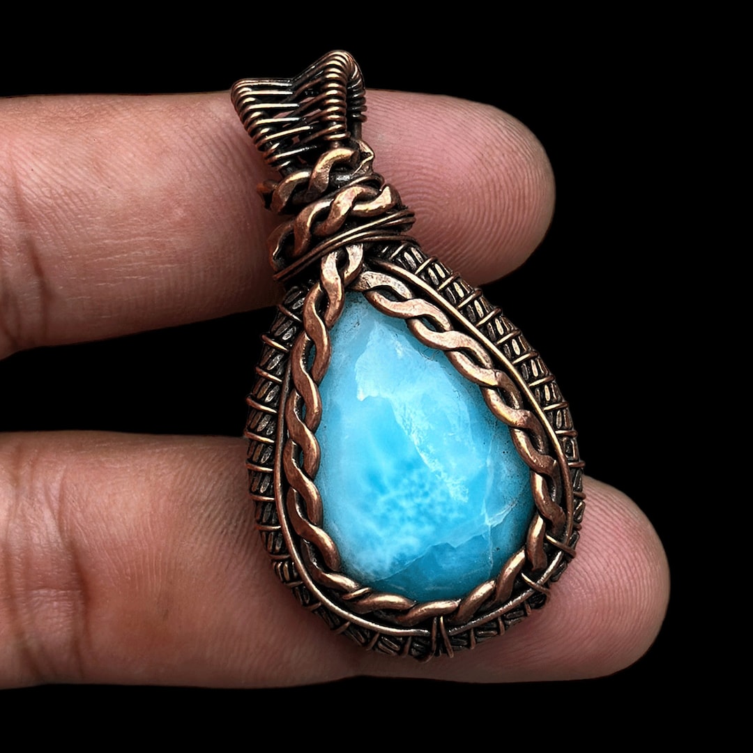 Healing Larimar Sky Blue Stone Pendant, Larimar Stone Necklace, Copper ...