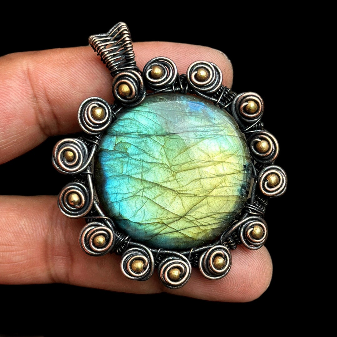 Gorgeous Green Flashy Wire Wrapped Pendant Labradorite Necklace Copper ...