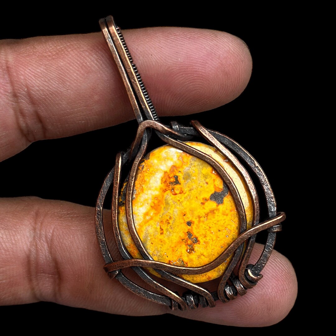 Gorgeous Bumblebee Jasper Sun Wire Wrapped Pendant Necklace Copper Wire ...
