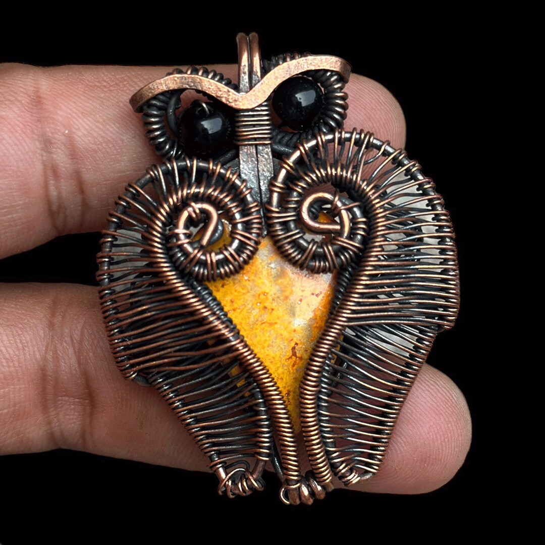 Awesome Bumblebee Jasper Owl Wire Wrapped Pendant Labradorite Necklace Copper Wire Wrapped ...
