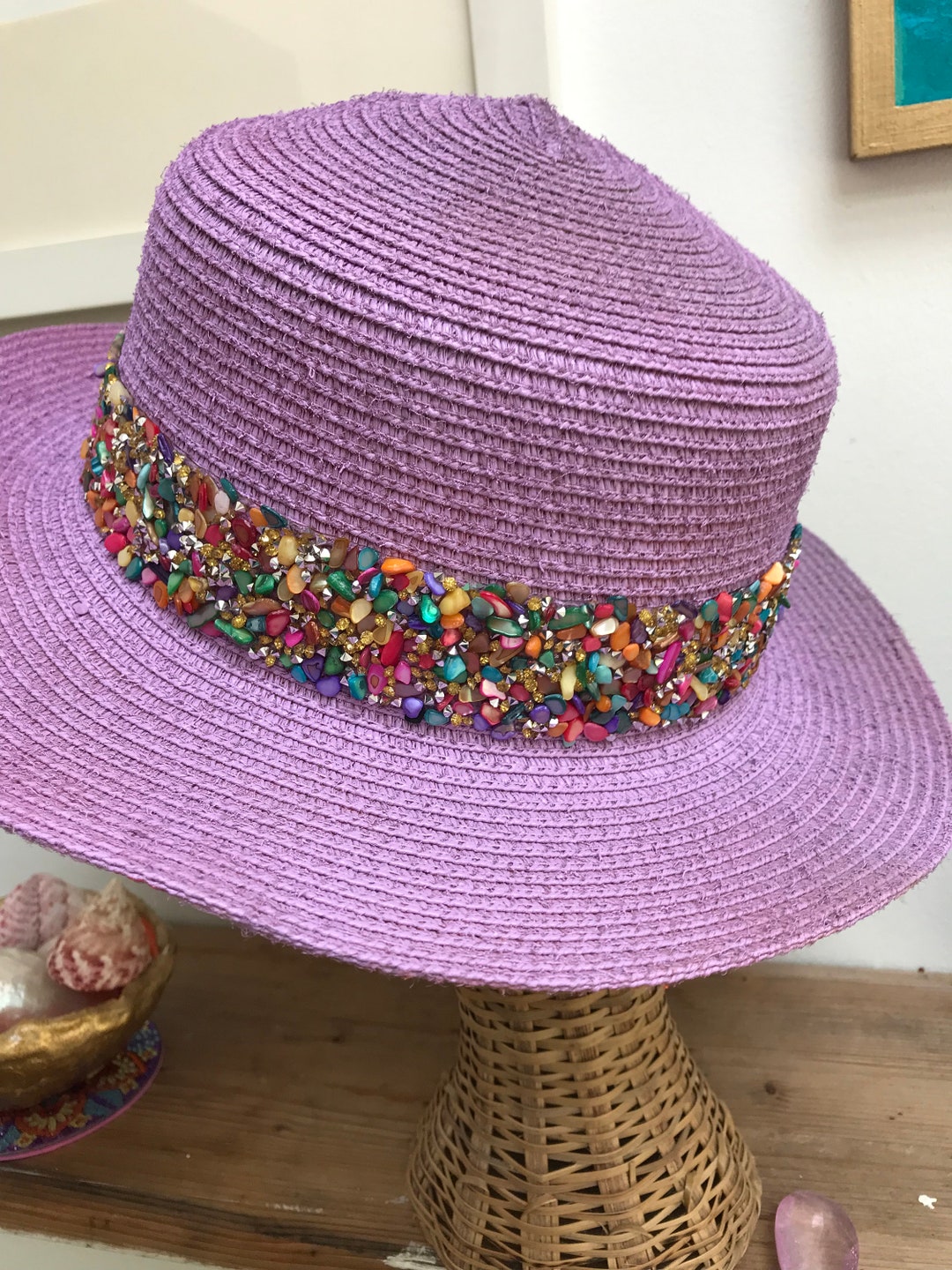 Lilac Straw Hat With Rhinestone Ribbon, Rainbow Colours, Adjustable ...