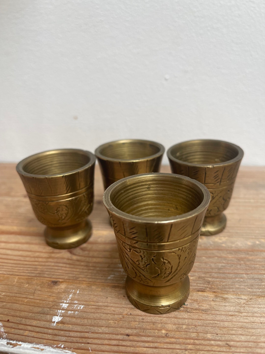 Vintage Heavy Handmade Brass Etched Shot Cups, Indian, Engraved ...