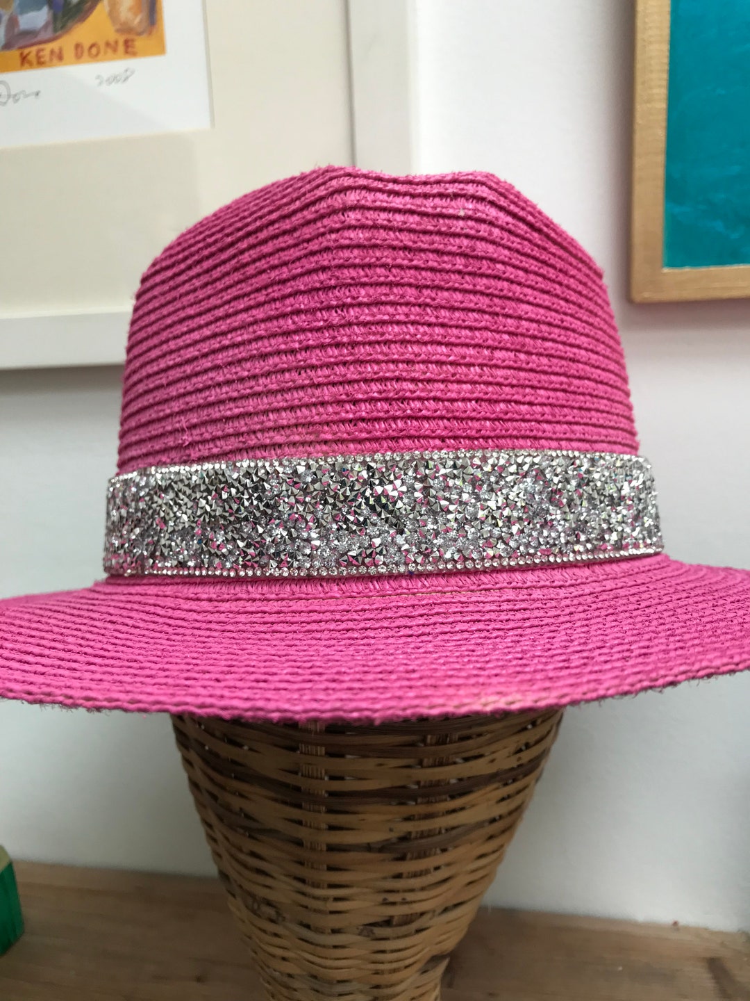 Pink and Silver Straw Hat,hand Painted, Silver Rhinestone Ribbon,summer ...