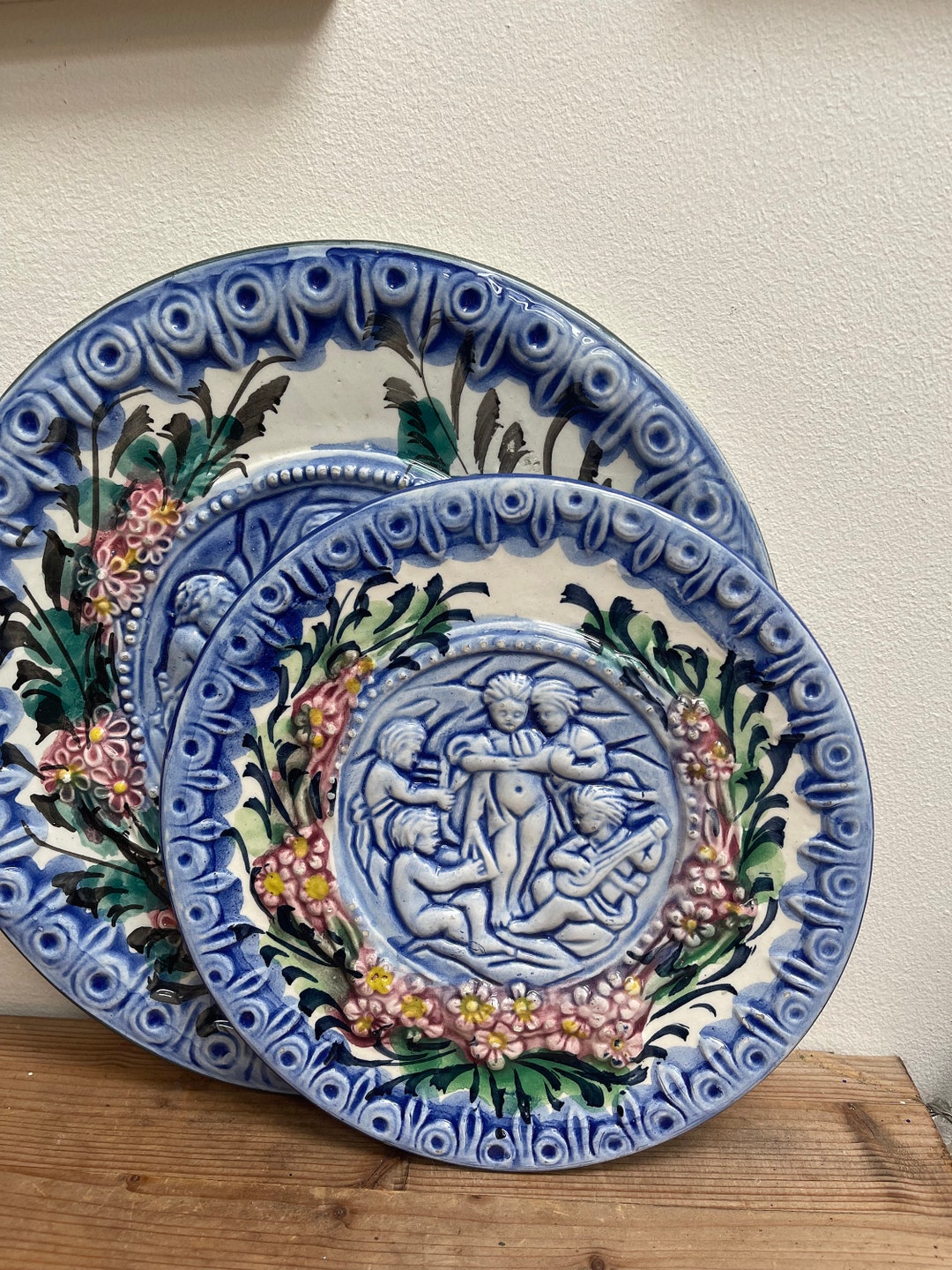 Vintage French Majolica Putti Pottery Plate, Barbotine, Cherubs ...