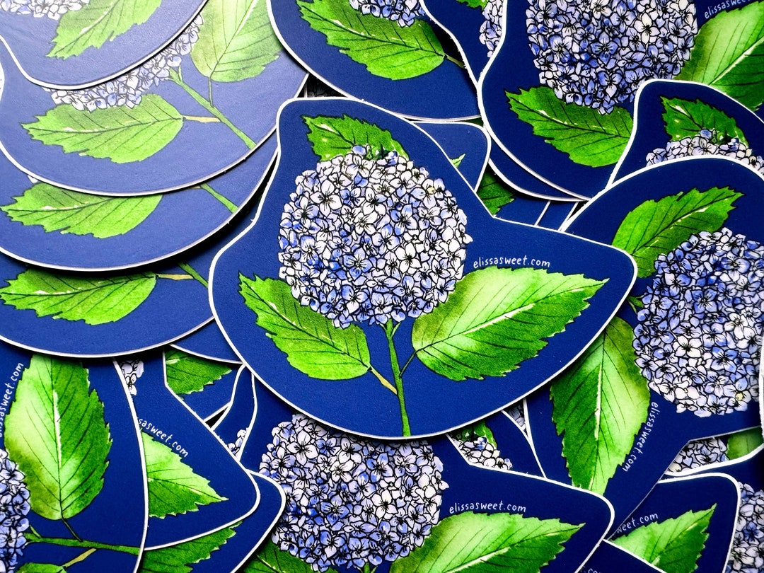 Hydrangea Sticker | 3" Die-cut Vinyl Sticker | Watercolor and Ink Blue ...