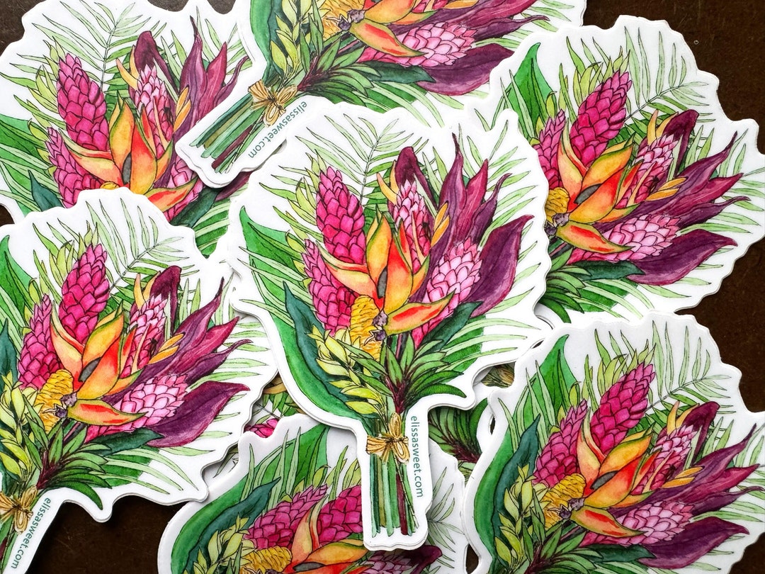 Tropical Bouquet Sticker | 3" Die-cut Vinyl Sticker | Watercolor and ...