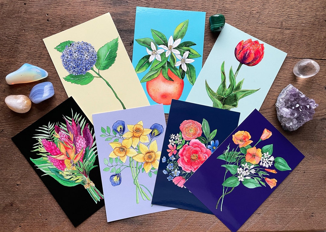 Choice of Three Postcards | Colorful Flower Postcards | Watercolor and ...