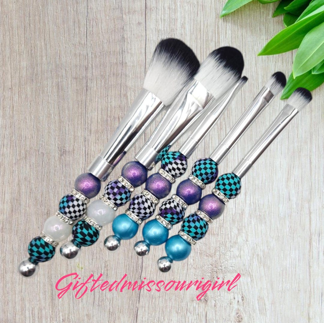 Checkered Print Makeup Brush Set // 5 Piece // Beaded Makeup Brushes ...