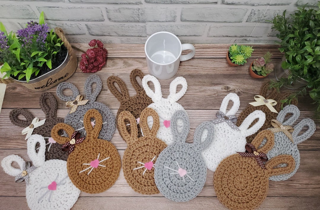 Rabbit Coasters // Set of 4 // Mixed Colors // Crochet // Bunny - Etsy