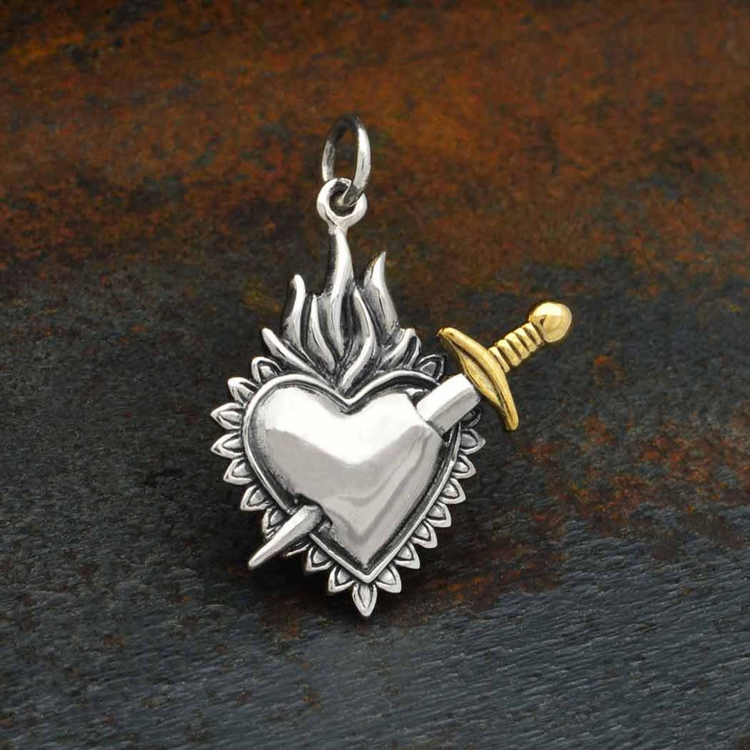 Sterling Silver and Bronze Flaming Heart Pendant With Sword - Etsy