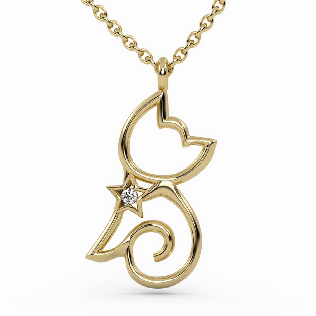 Solid Gold Cat Diamond Necklace 14K Gold Diamond Cat - Etsy